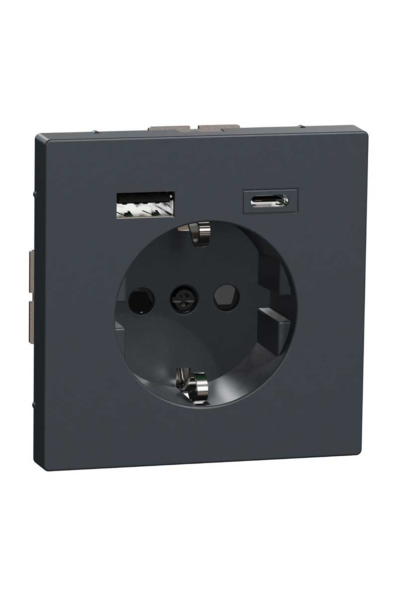Schneider Type A+C 3A Antrasit Topraklı USB Şarjlı Priz